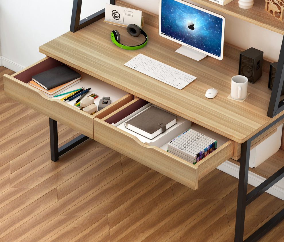 Enterprise Large Computer Desk Workstation with Shelves & Drawers (Oak