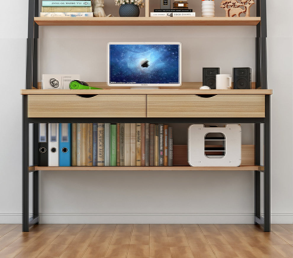 Enterprise Large Computer Desk Workstation with Shelves & Drawers (Oak