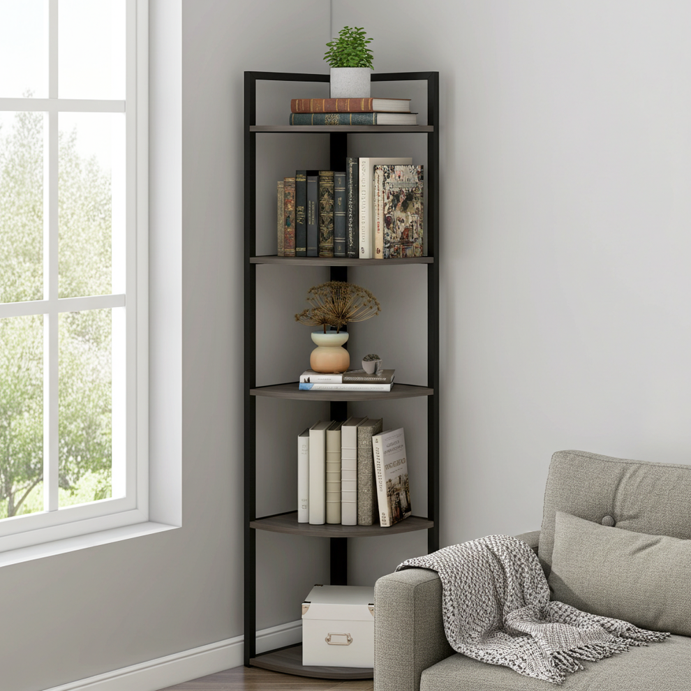 Optima 5 Tier Wood & Steel Corner Shelf Organizer Unit (Rustic Grey)