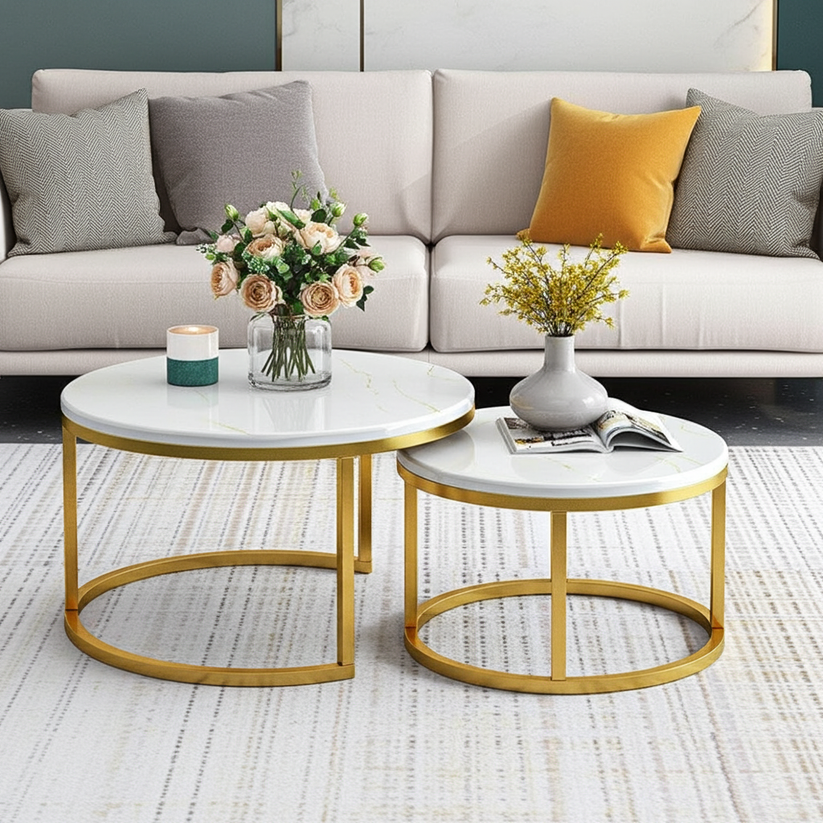 Synergy 2 In 1 Lush Marble Look Designer Nesting Coffee Tables (White)