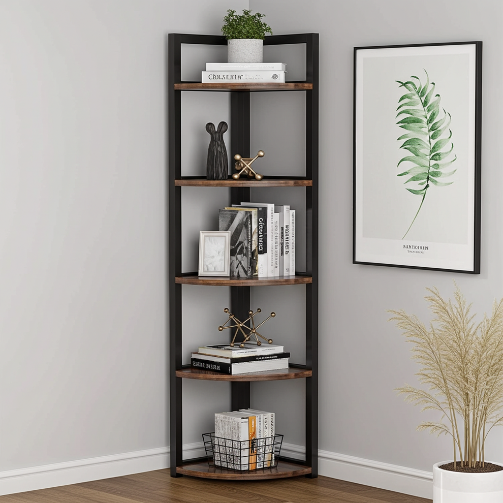 Optima 5 Tier Rustic Wood & Steel Corner Shelf Organizer Unit