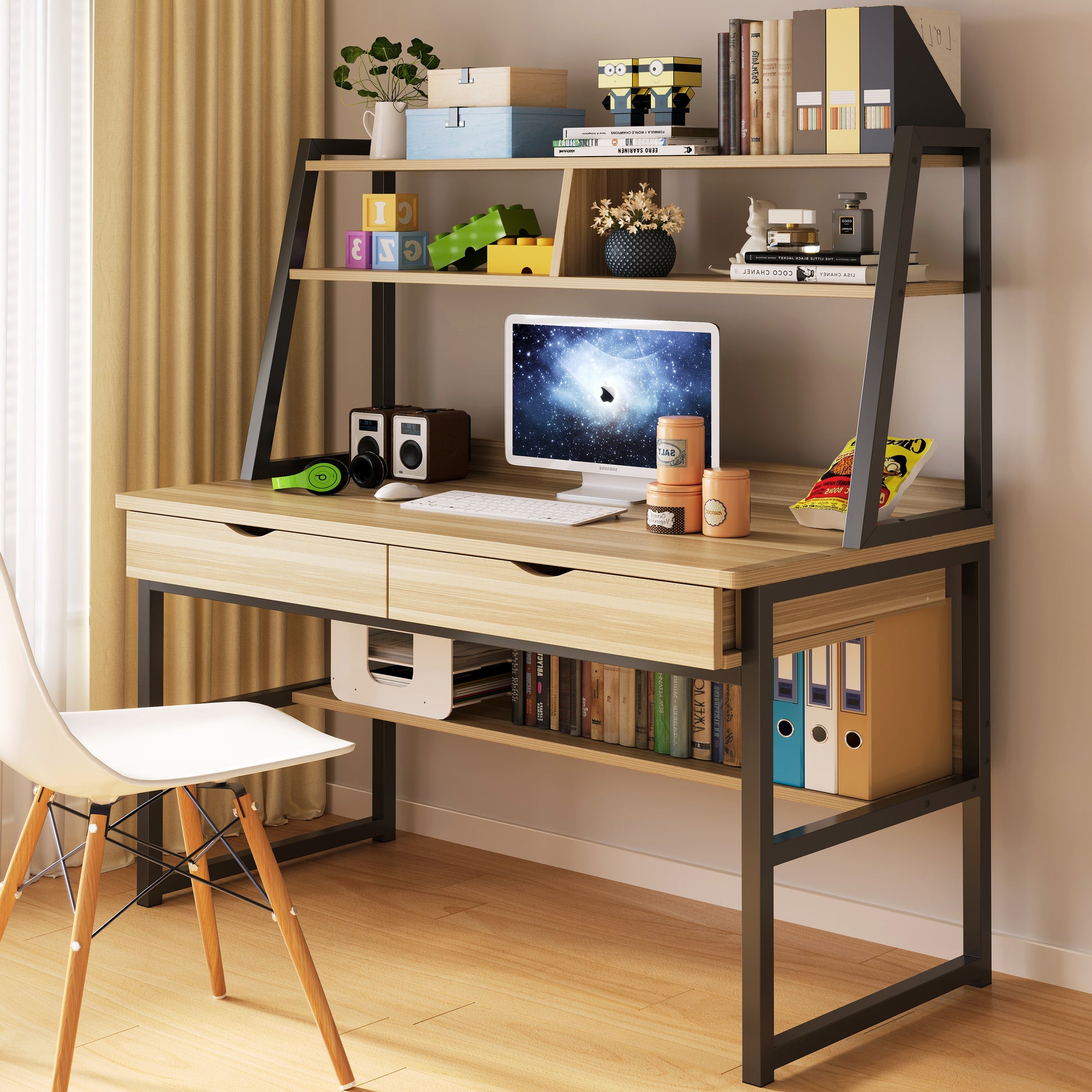 Enterprise Large Computer Desk Workstation with Shelves & Drawers (Oak