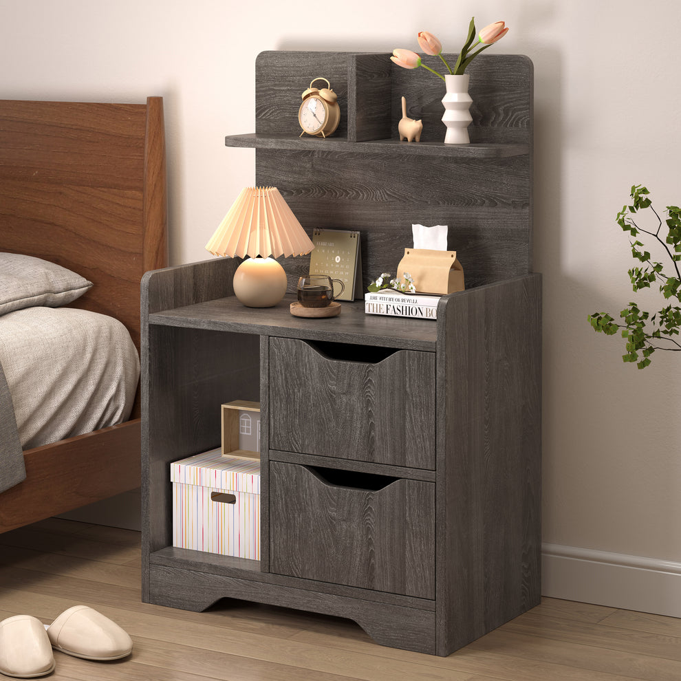 Harmony Tall Bed Side Table with Chest of Drawers and Shelf (Rustic Gr