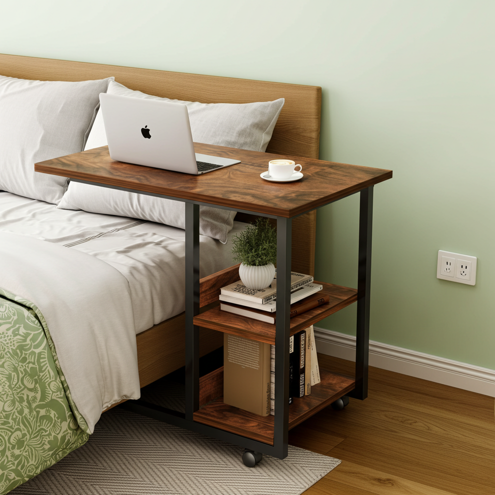 Supreme Sofa Bed Side Table Laptop Desk with Shelves & Wheels (Rustic
