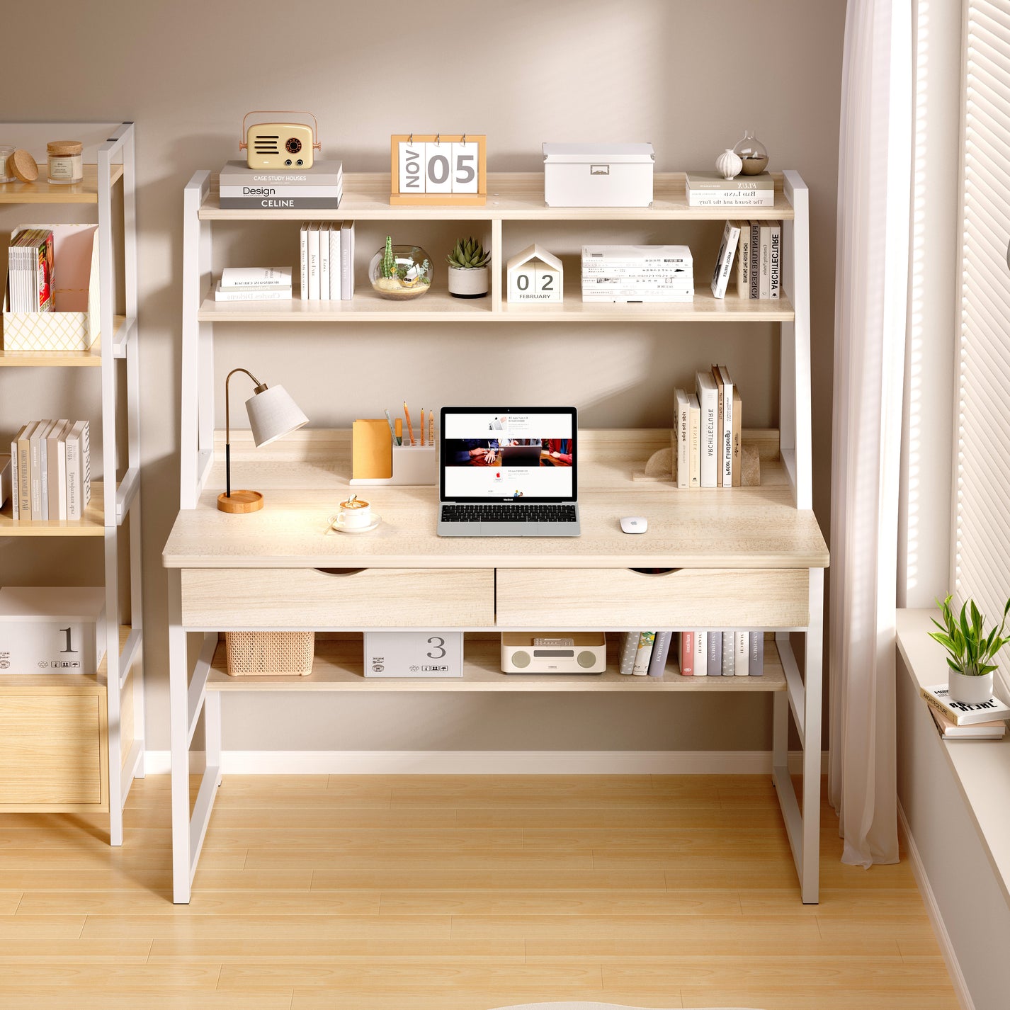 Enterprise Large Computer Desk Workstation with Shelves & Drawers (Whi