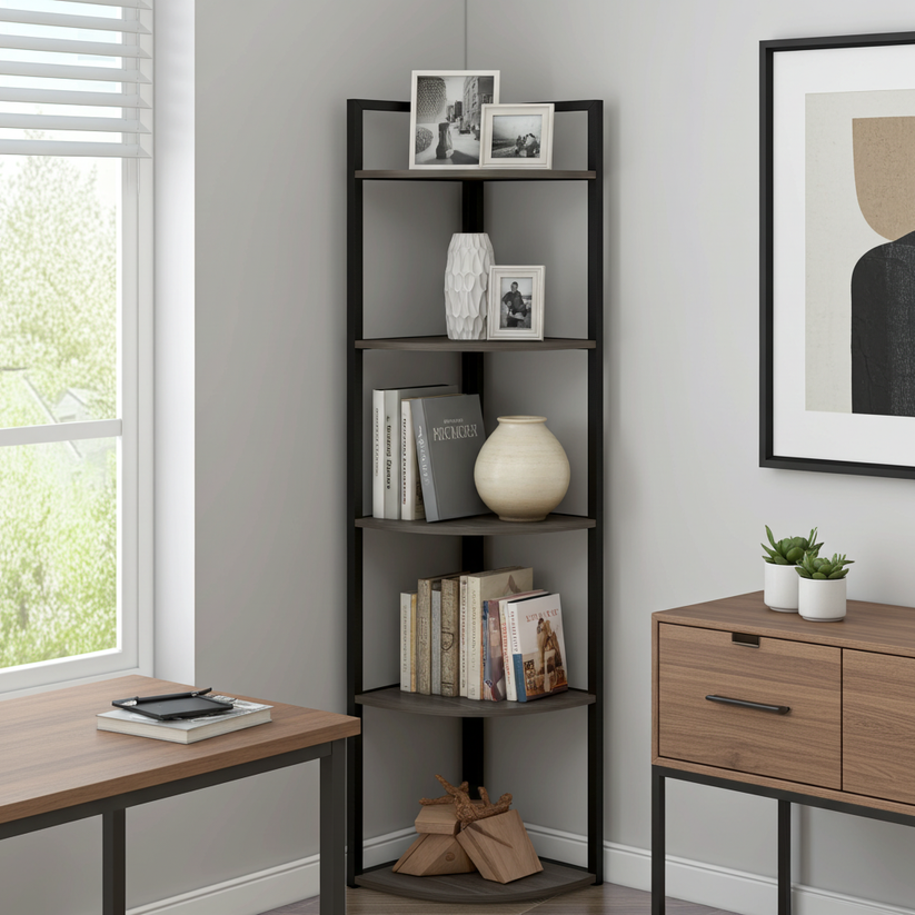 Optima 5 Tier Wood & Steel Corner Shelf Organizer Unit (Rustic Grey)