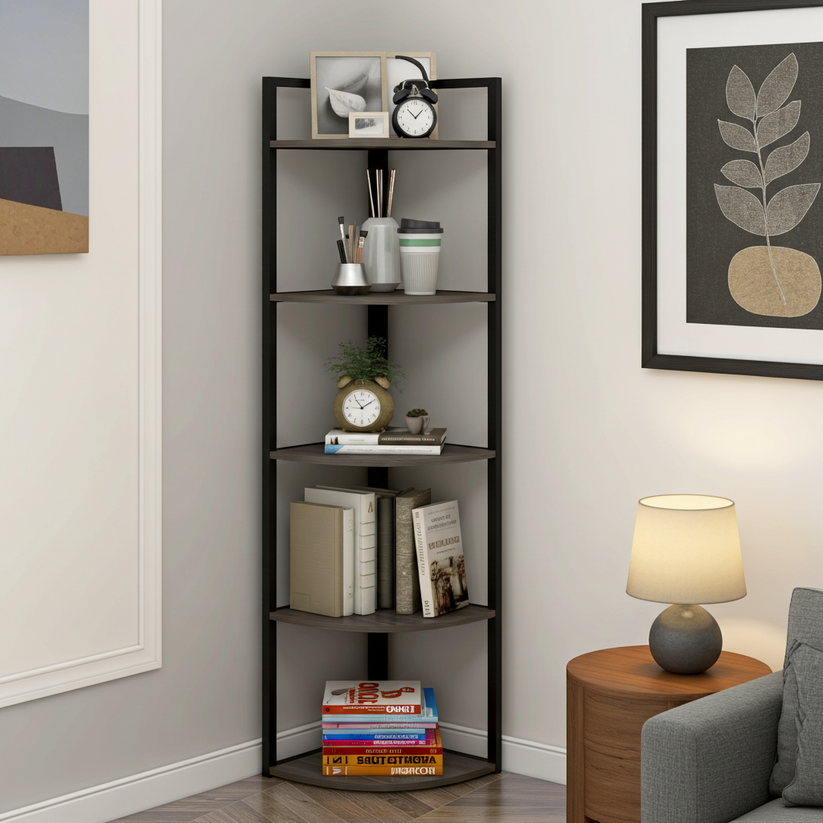 Optima 5 Tier Wood & Steel Corner Shelf Organizer Unit (Rustic Grey)
