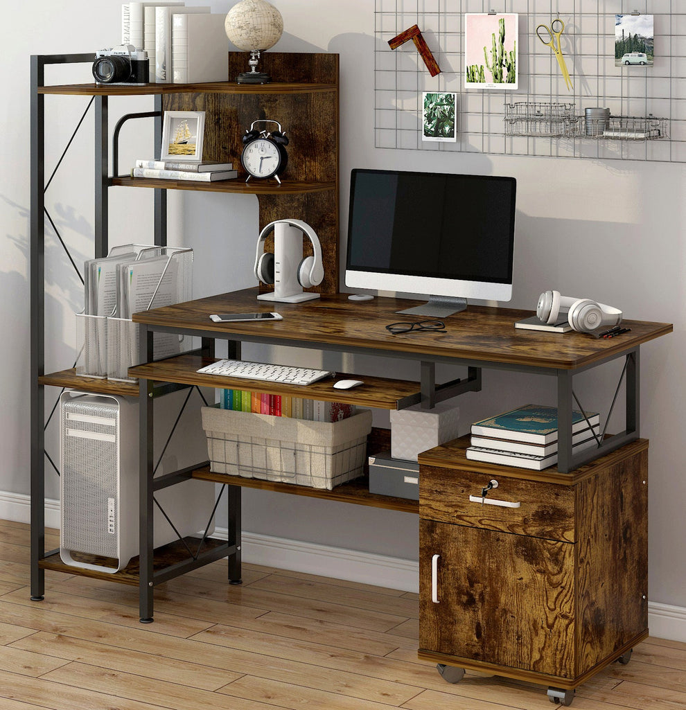 Prime Multi-function Computer Desk Workstation with Shelves & Cabinet