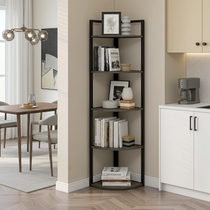 Optima 5 Tier Wood & Steel Corner Shelf Organizer Unit (Rustic Grey)