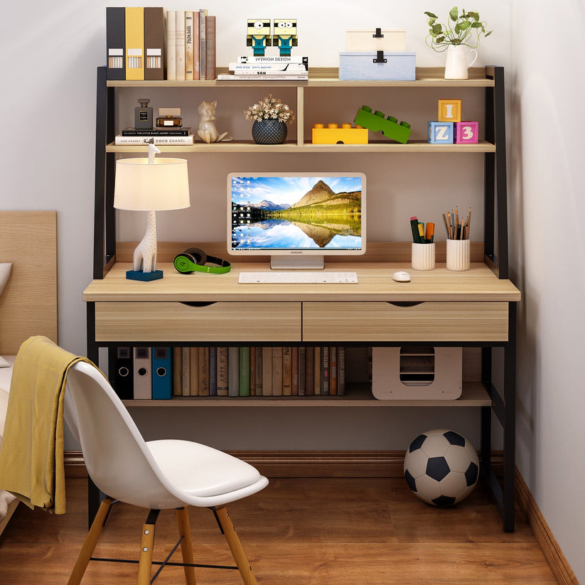 Enterprise Large Computer Desk Workstation with Shelves & Drawers (Oak