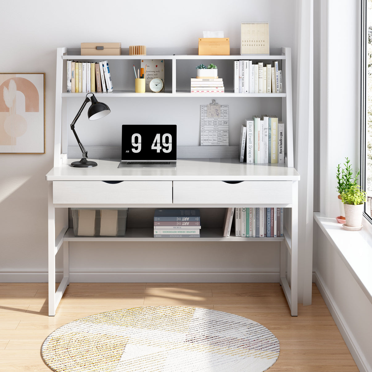 Enterprise Large Computer Desk Workstation with Shelves & Drawers (Whi