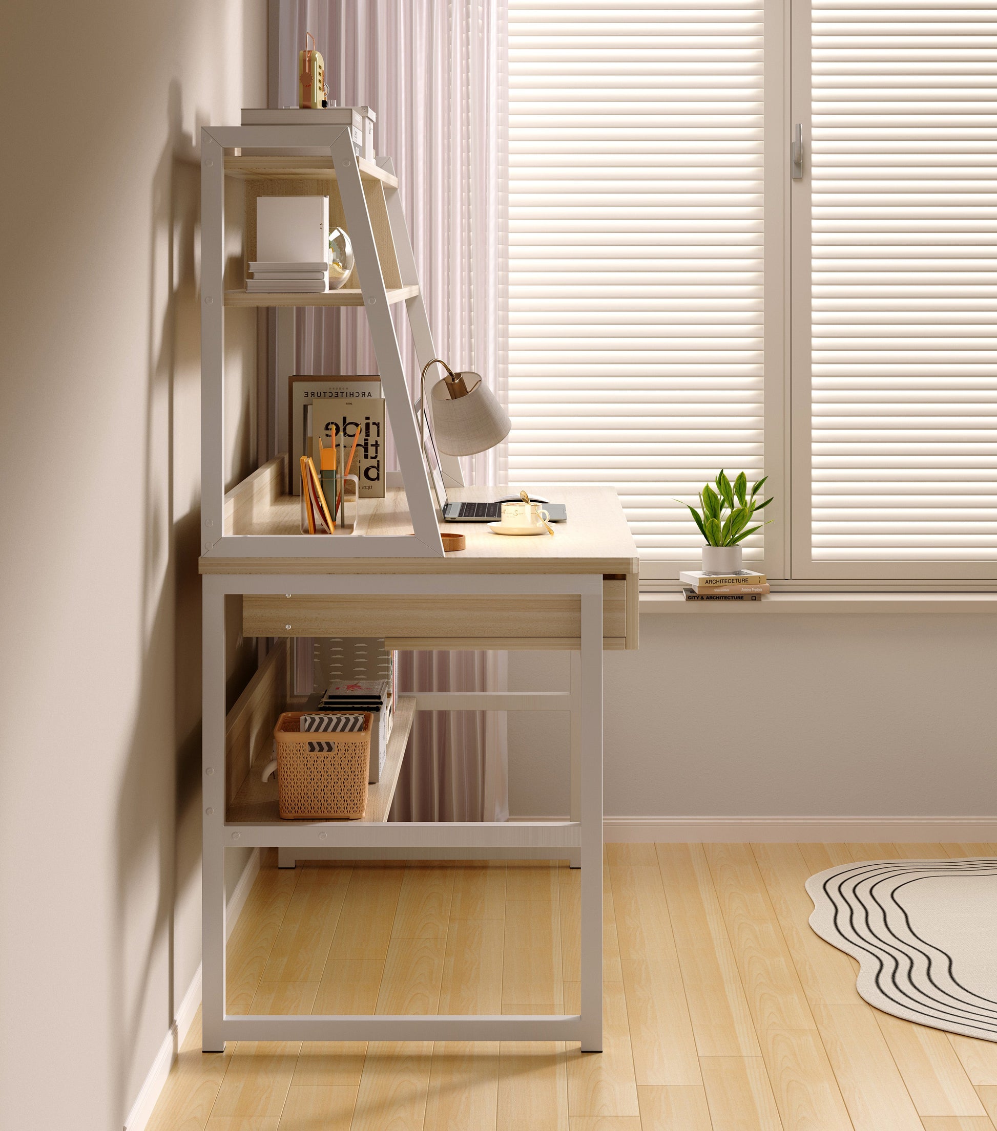 Enterprise Large Computer Desk Workstation with Shelves & Drawers (Whi
