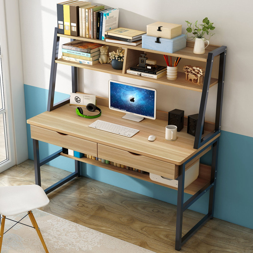 Enterprise Large Computer Desk Workstation with Shelves & Drawers (Oak