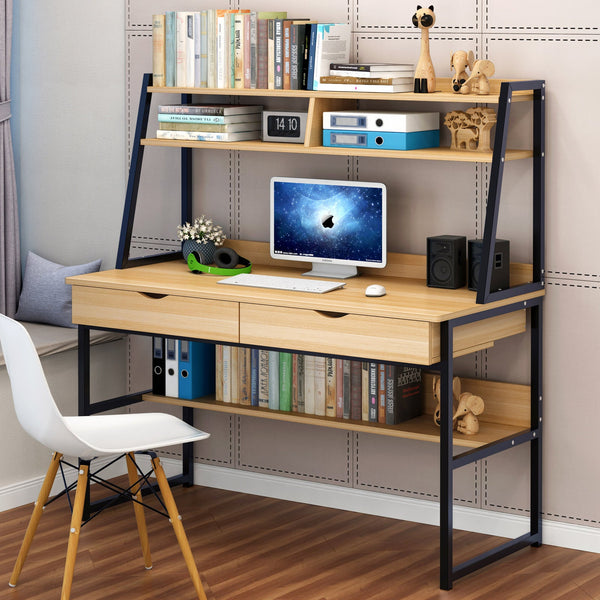 Enterprise Large Computer Desk Workstation with Shelves & Drawers (Oak