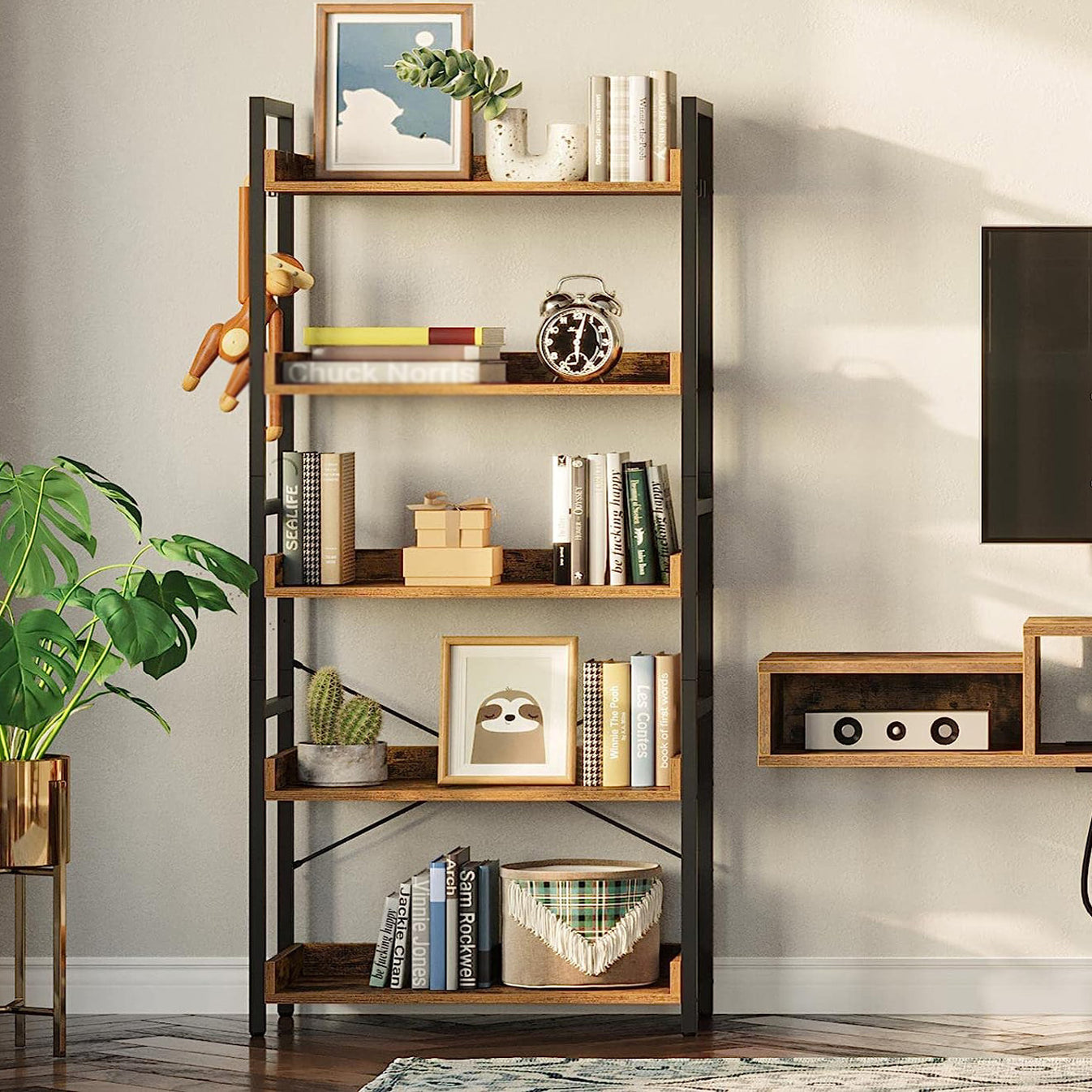 5 Tier Multifunction Heavy Duty Bookcase Rustic Wood & Steel Storage S