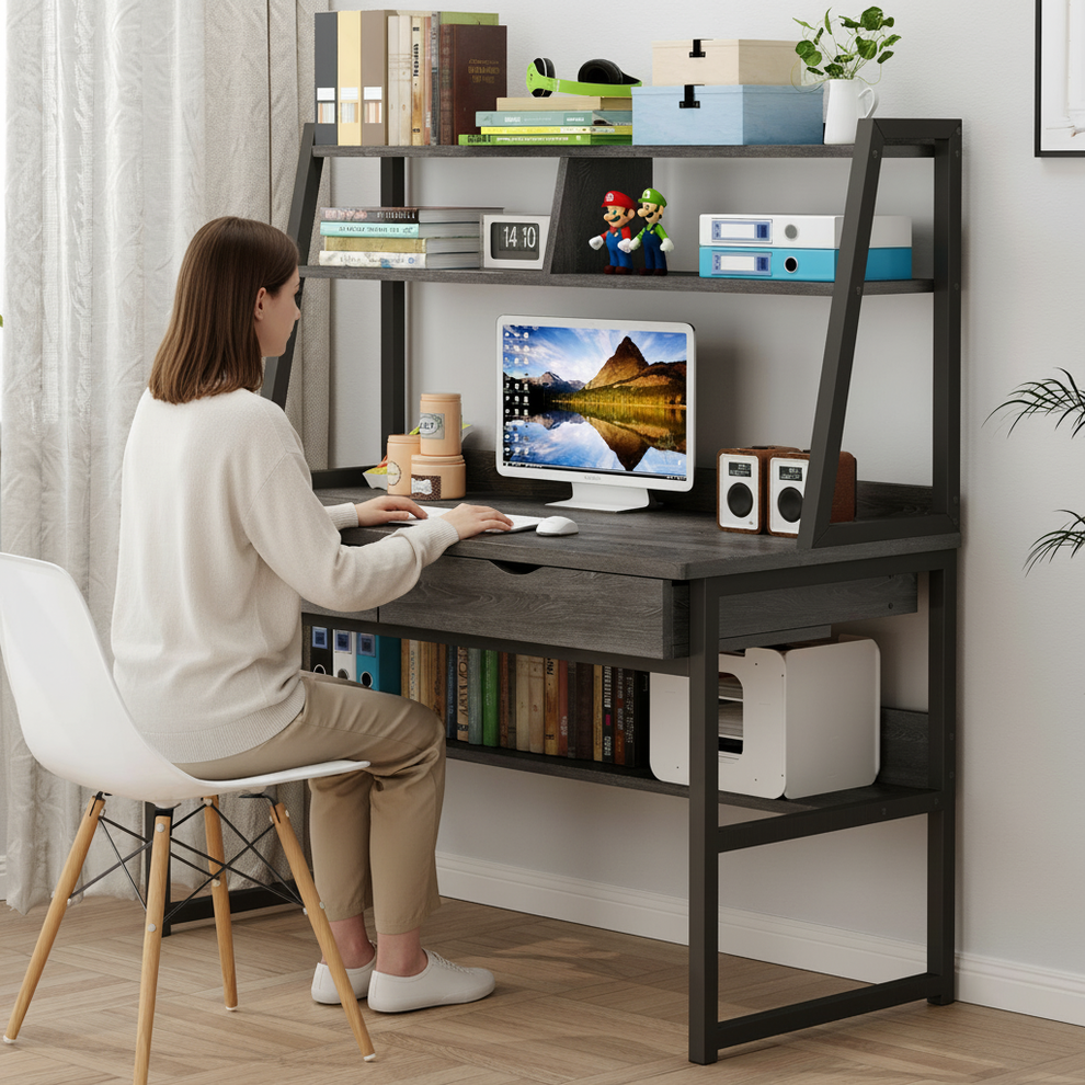 Enterprise Large Computer Desk Workstation with Shelves & Drawers (Dri