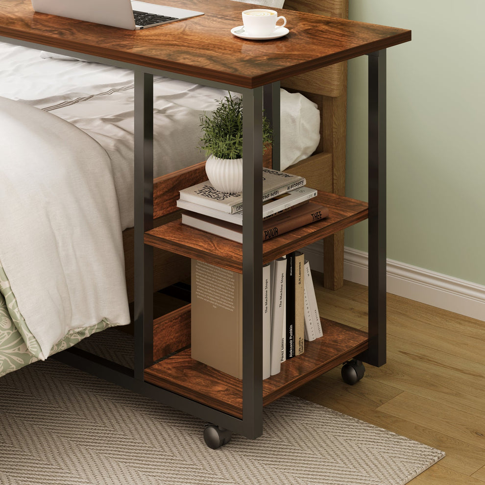 Supreme Sofa Bed Side Table Laptop Desk with Shelves & Wheels (Rustic