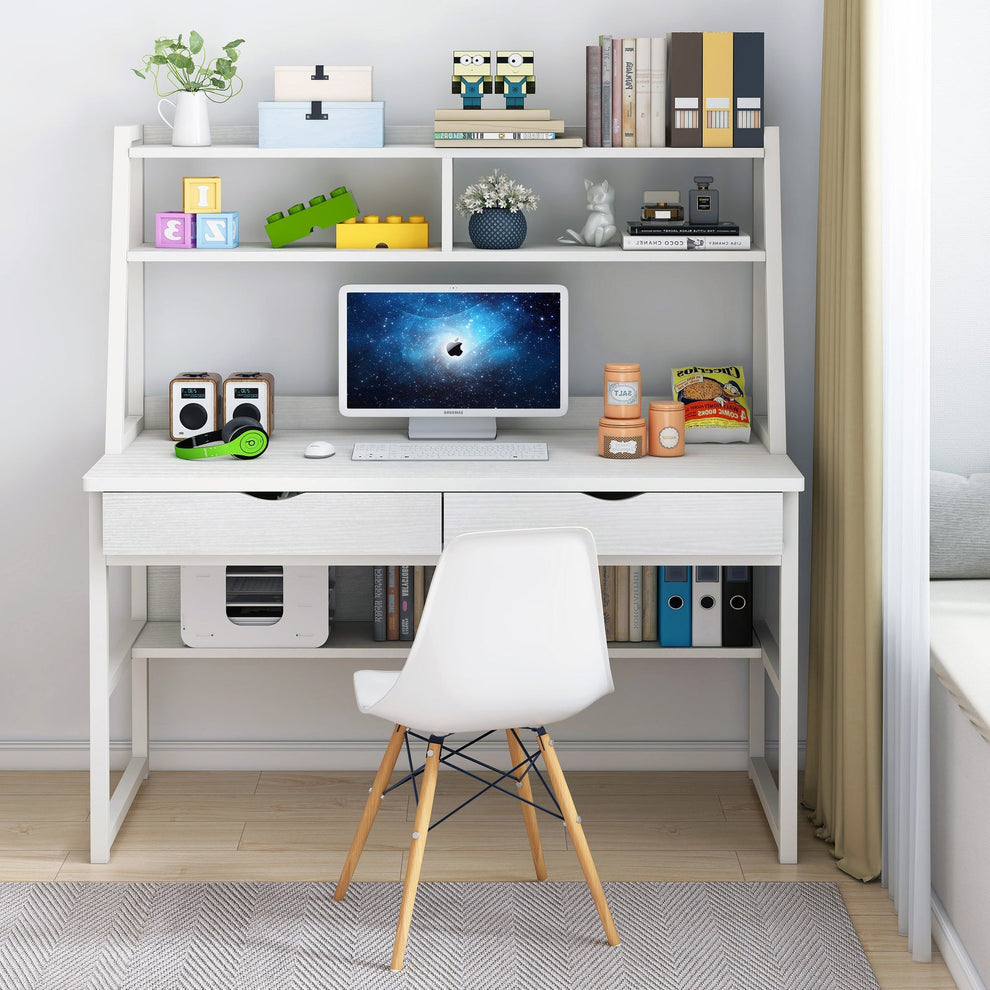 Enterprise Large Computer Desk Workstation with Shelves & Drawers (Whi