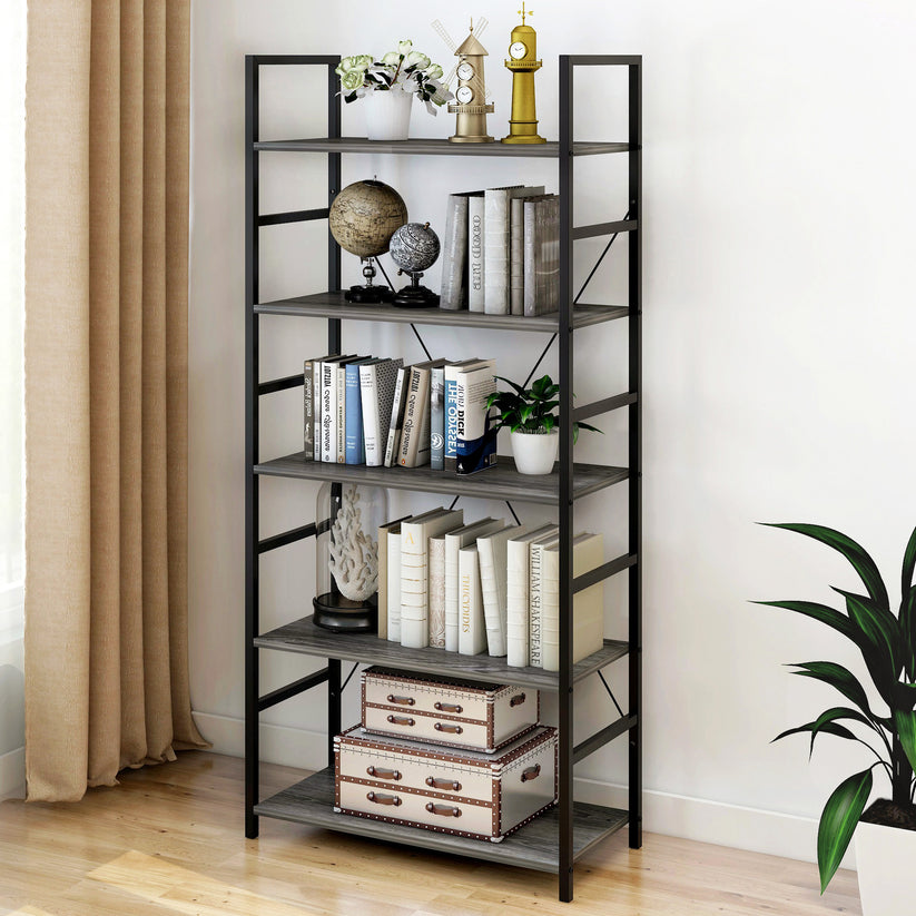5 Tier Multifunction Heavy Duty Bookcase Wood & Steel Storage Shelf Or