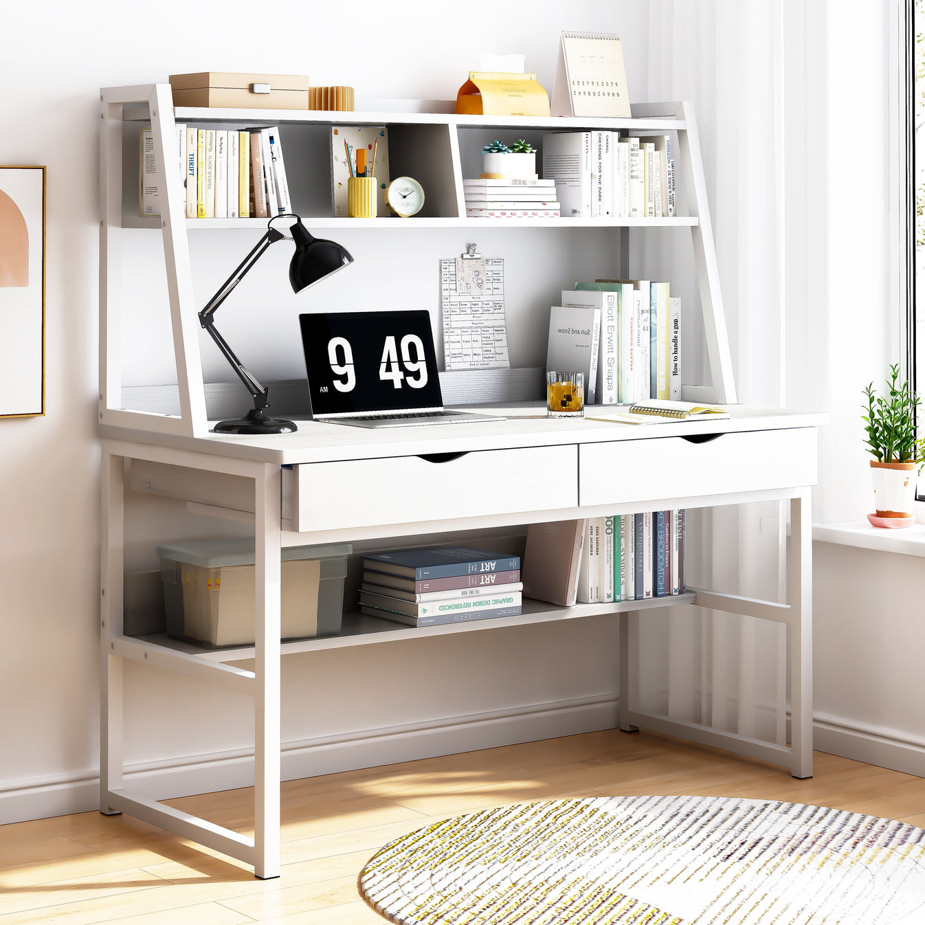 Enterprise Large Computer Desk Workstation with Shelves & Drawers (Whi